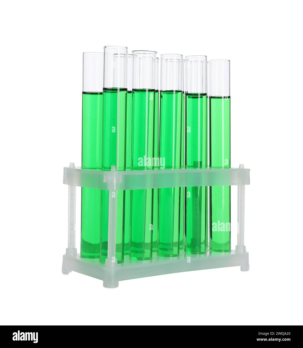 Many test tubes with green liquid in stand isolated on white Stock ...
