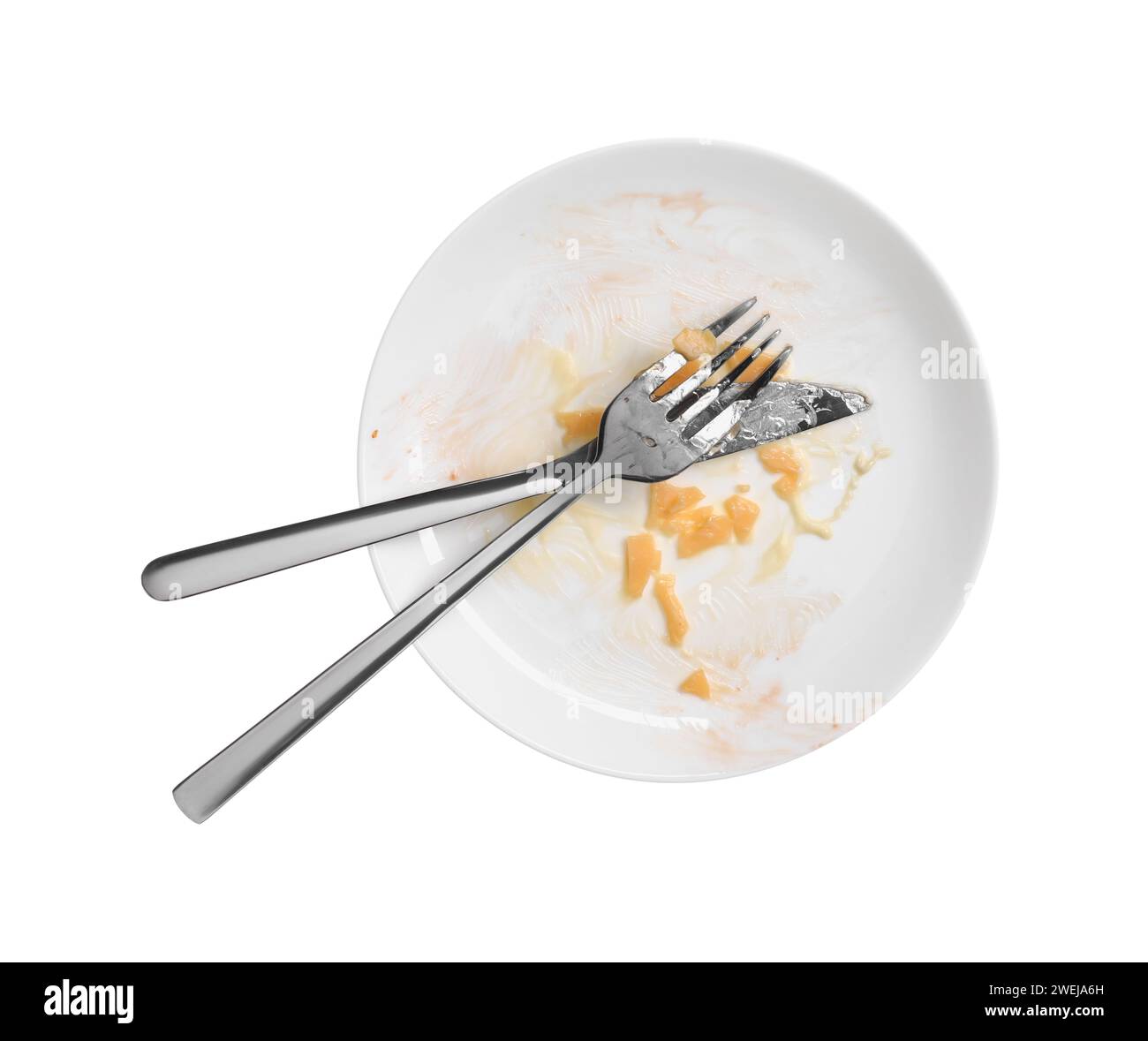 Dirty plate and cutlery on white background, top view Stock Photo - Alamy