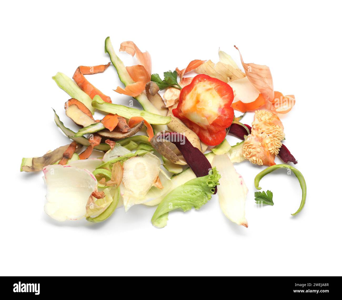 Peels of fresh vegetables isolated on white, top view Stock Photo - Alamy