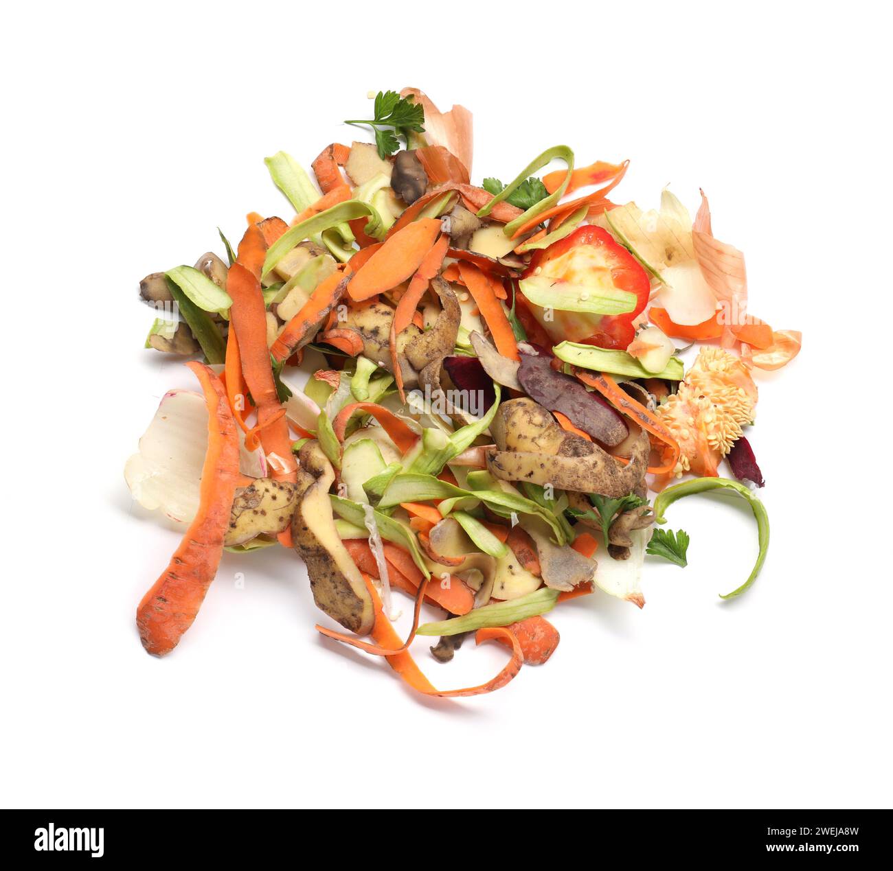 Peels of fresh vegetables isolated on white, top view Stock Photo - Alamy