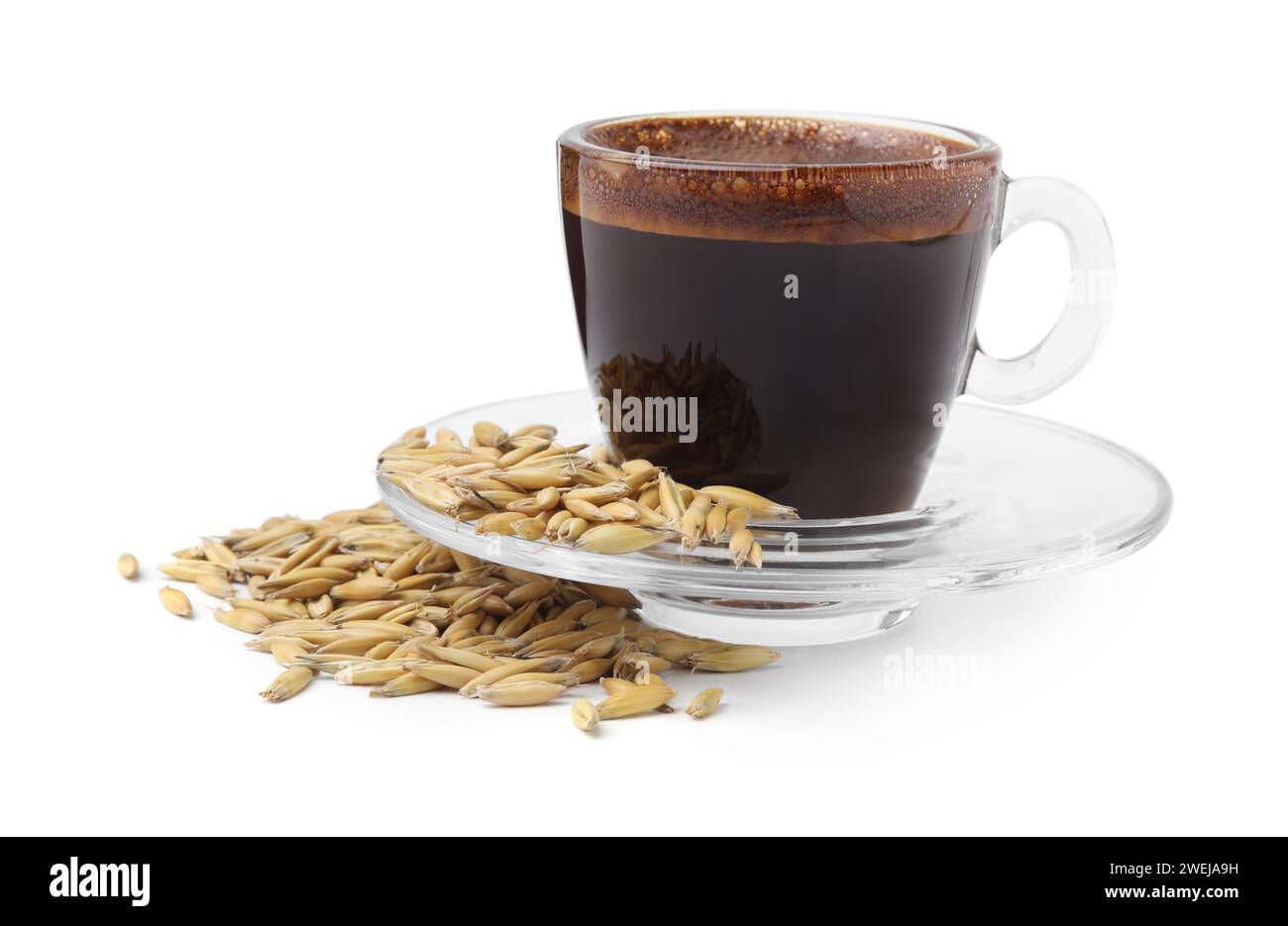 Cup of barley coffee and grains isolated on white Stock Photo - Alamy