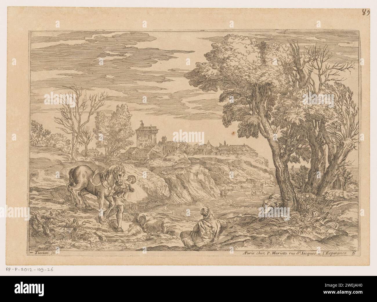 Landscape with man with a horse a river crossing, Moise Jean Baptiste ...