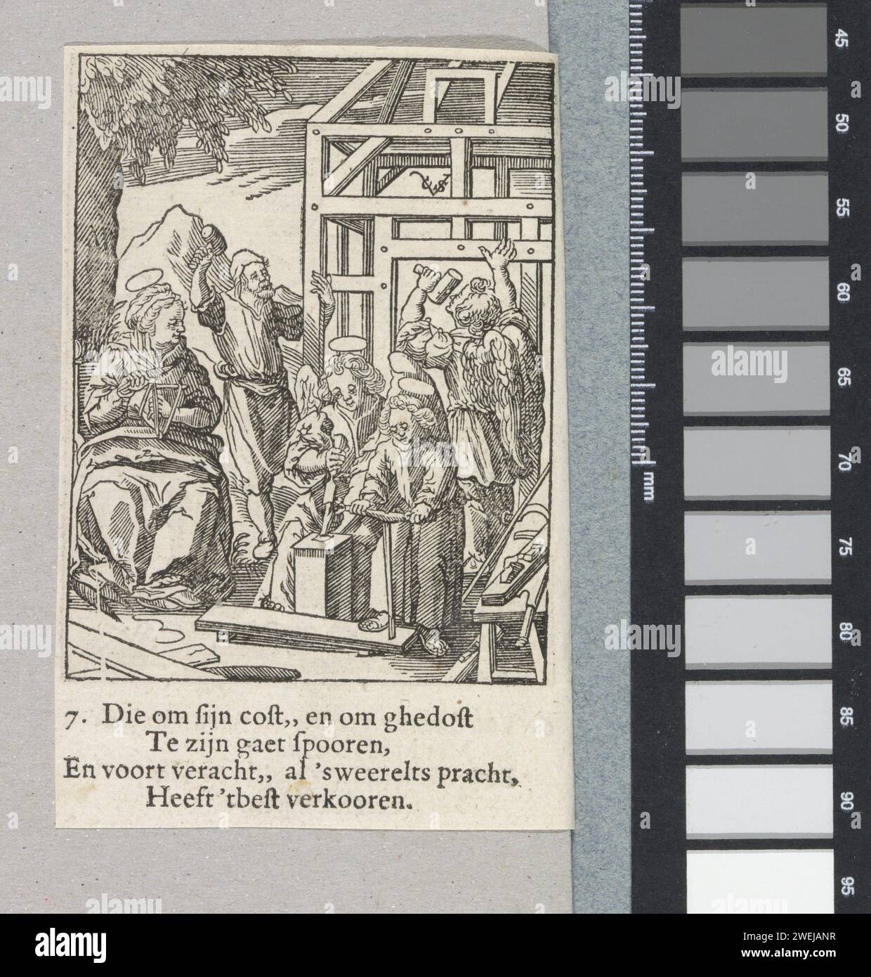 Christkind builds a house, 1617 print The Christ child drills a hole in ...