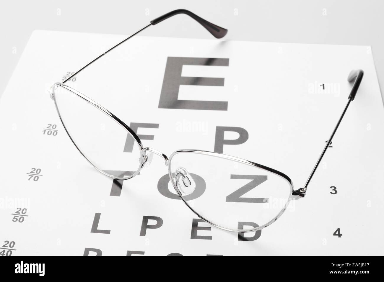 Glasses on vision test chart, closeup view Stock Photo - Alamy