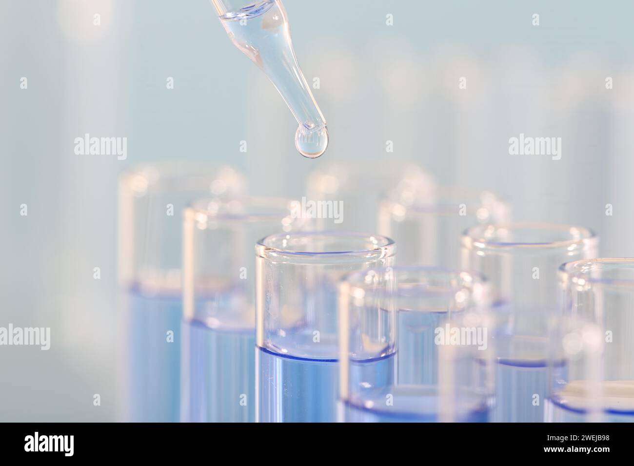 Laboratory analysis. Dripping light blue liquid from pipette into glass ...