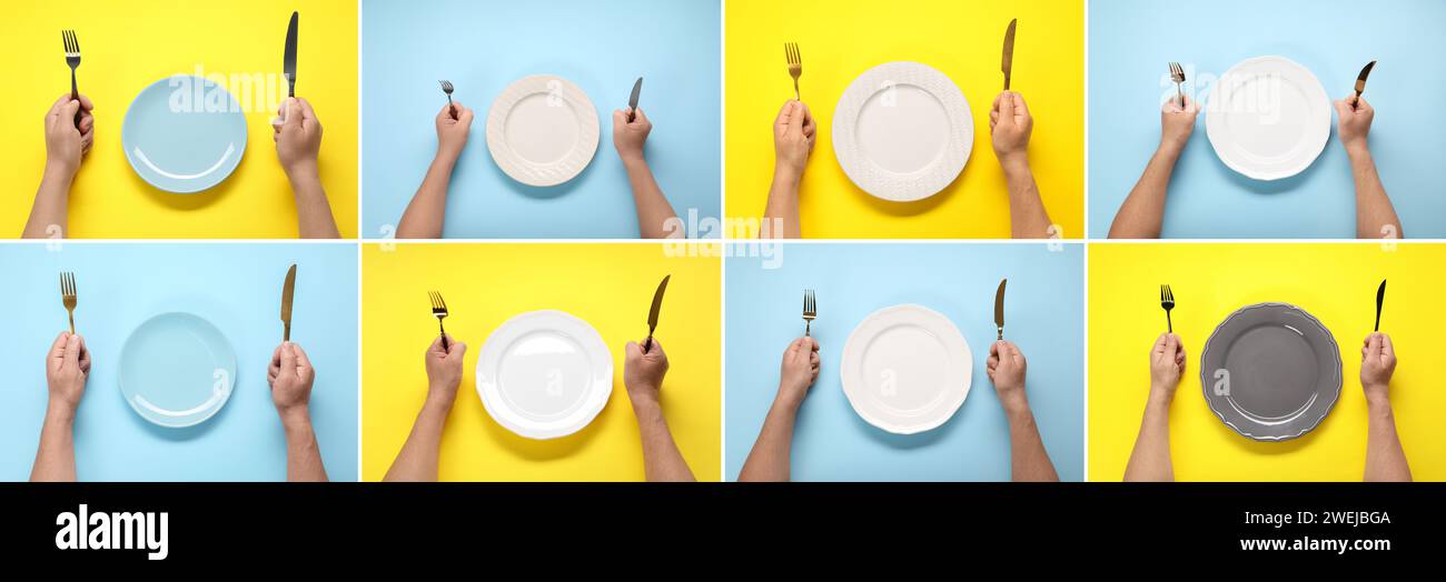 People with cutlery and clean plates on color backgrounds, top view ...