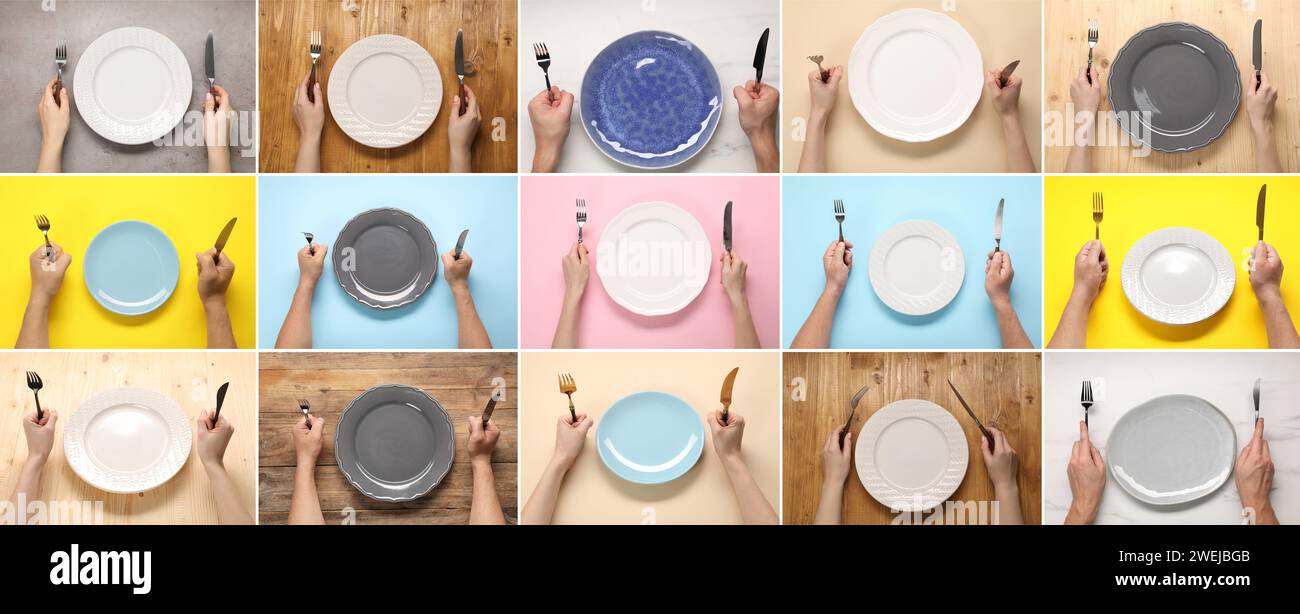 People with cutlery and clean plates on different backgrounds, top view ...