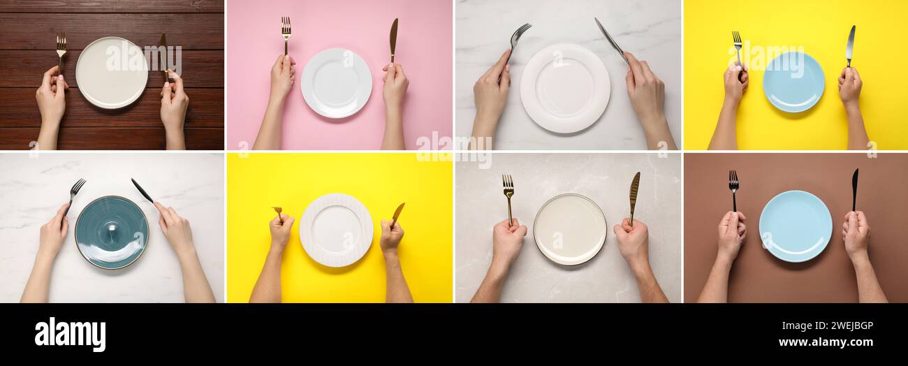 People with cutlery and clean plates on different backgrounds, top view ...