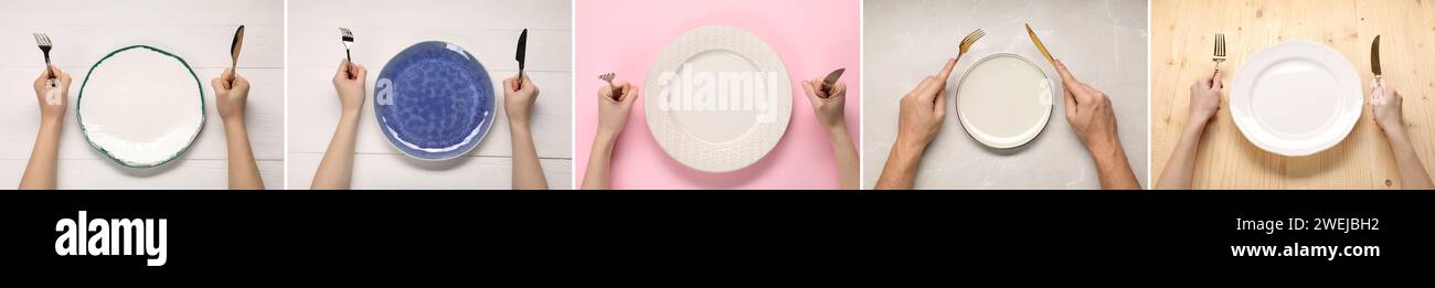 People with cutlery and clean plates on different backgrounds, top view ...
