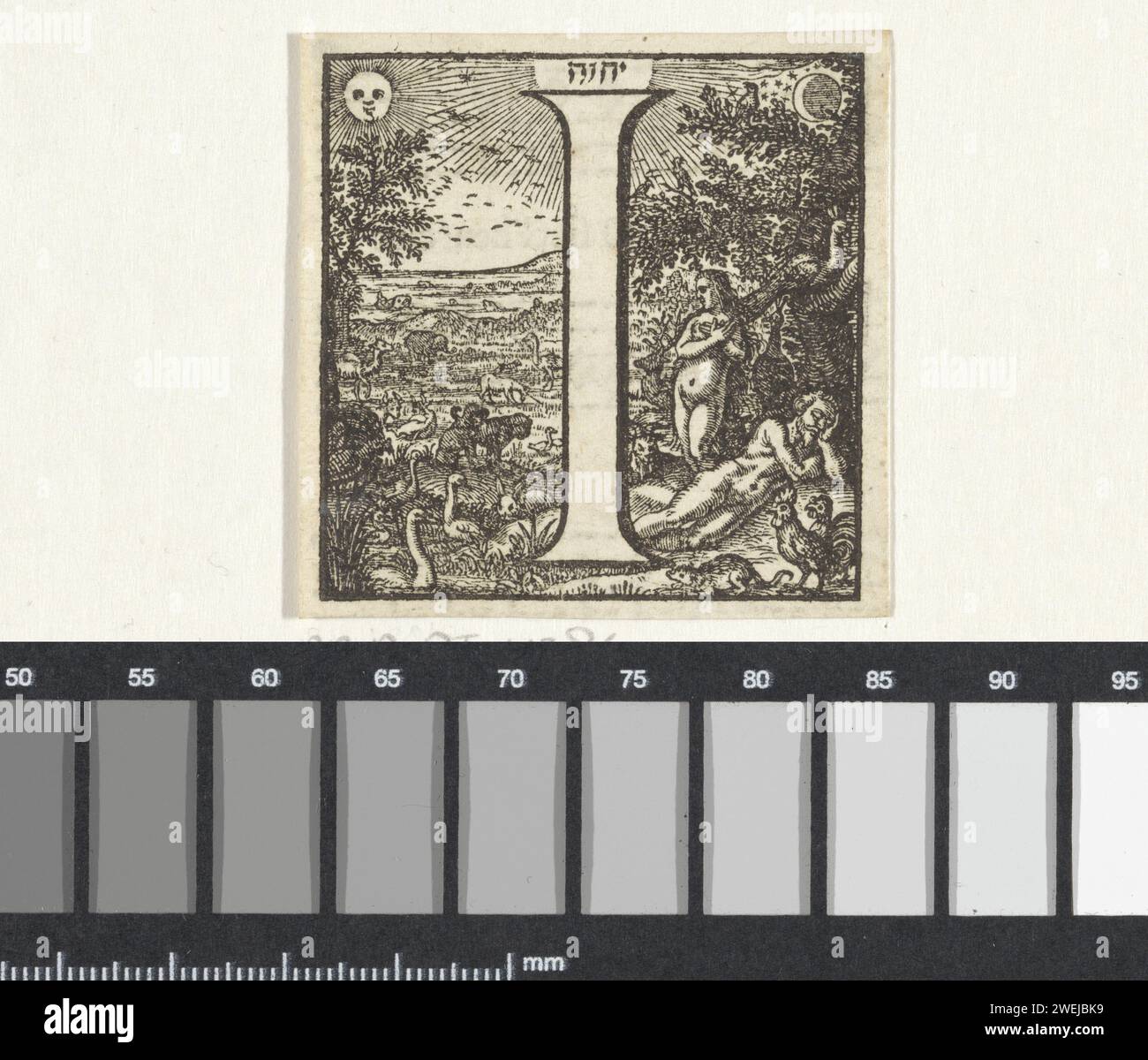 Letter I in a frame with a performance by Adam and Eva surrounded by ...