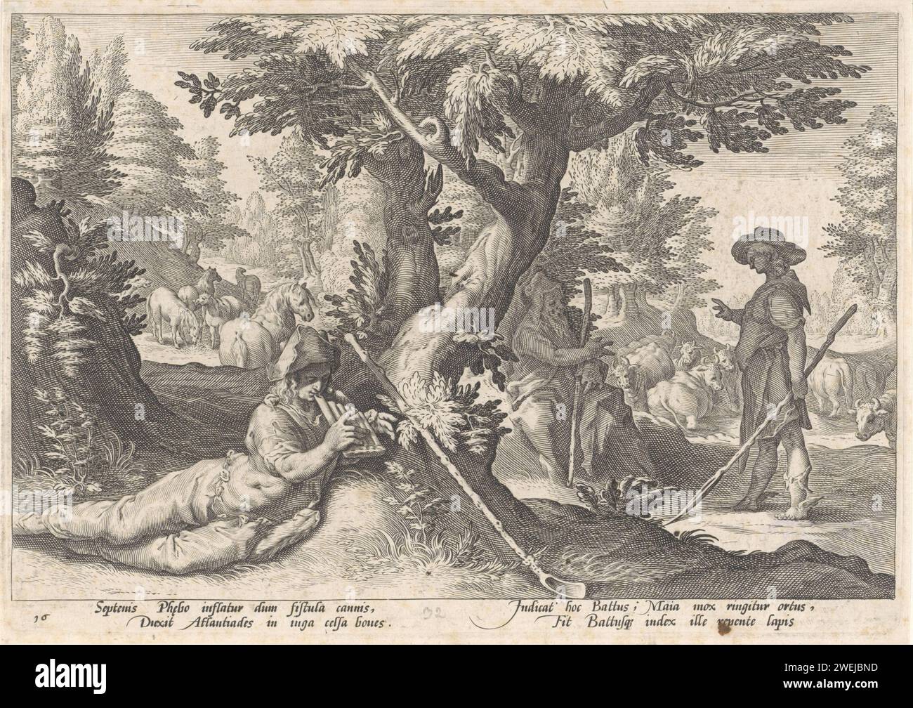 Mercury turns Battus into a stone, 1590 print Mercury stole the herd of ...
