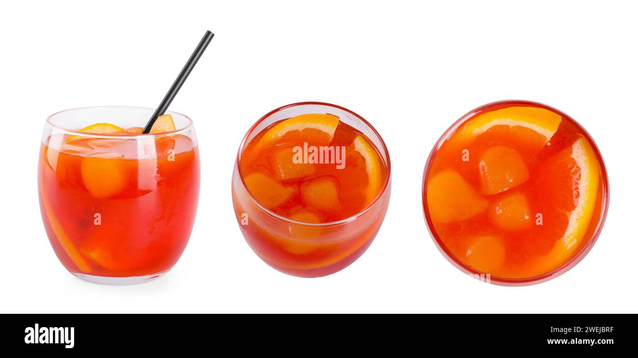 Aperol based cocktail isolated on white, collection. Top and side views ...