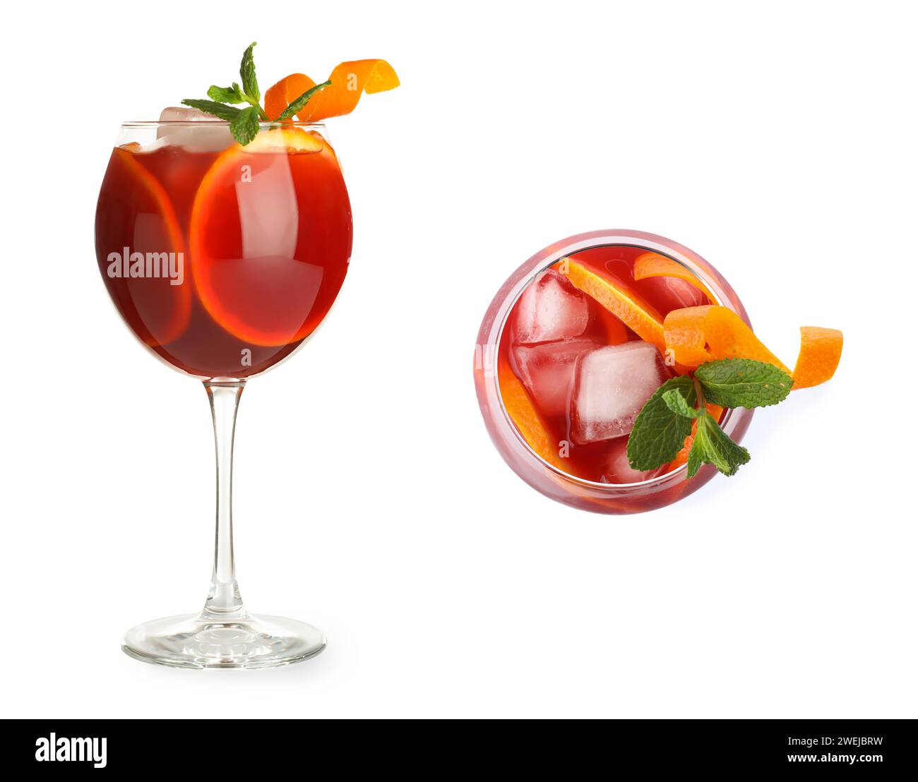 Aperol based cocktail isolated on white. Top and side views Stock Photo ...