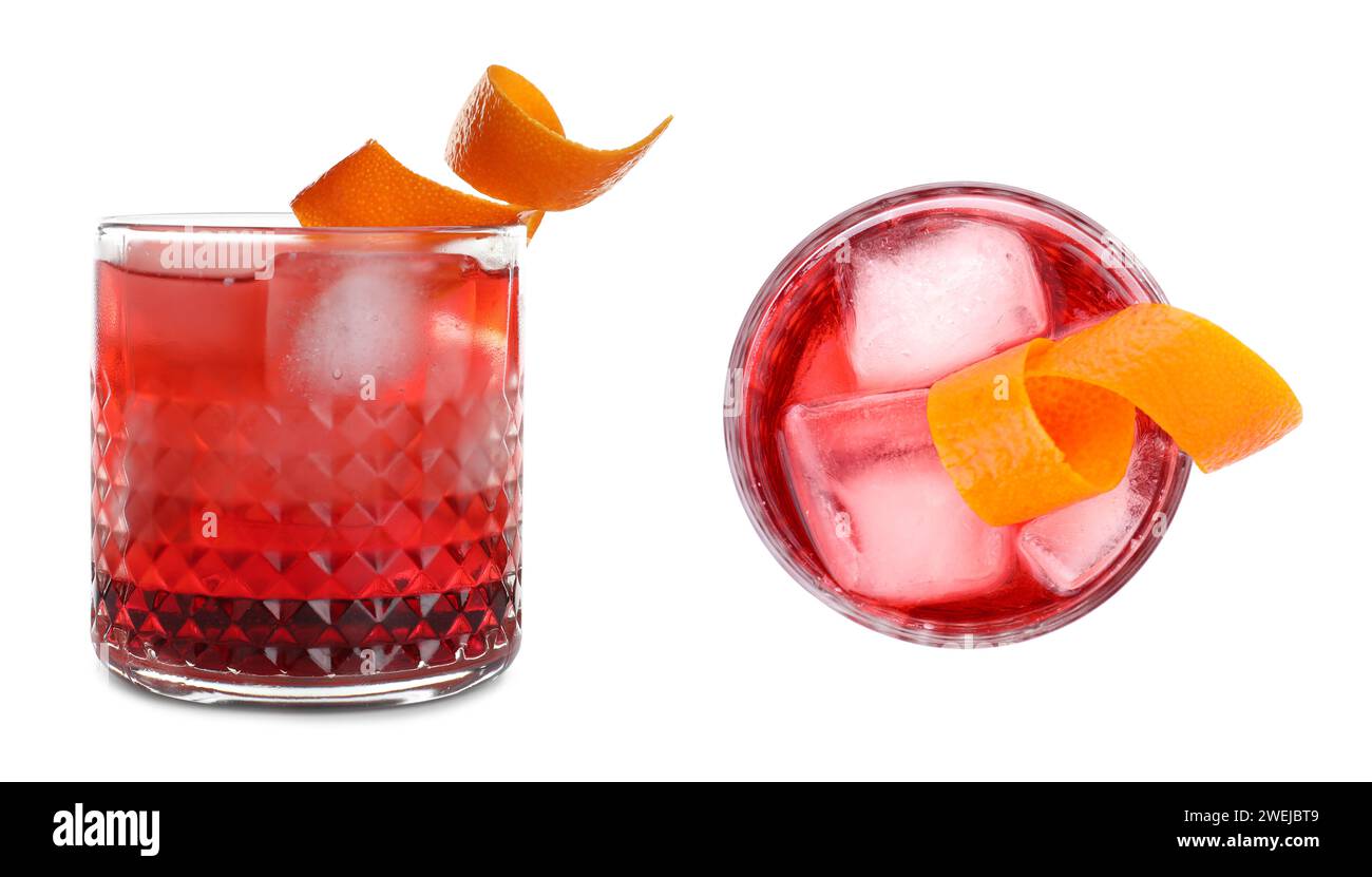 Aperol based cocktail isolated on white. Top and side views Stock Photo ...