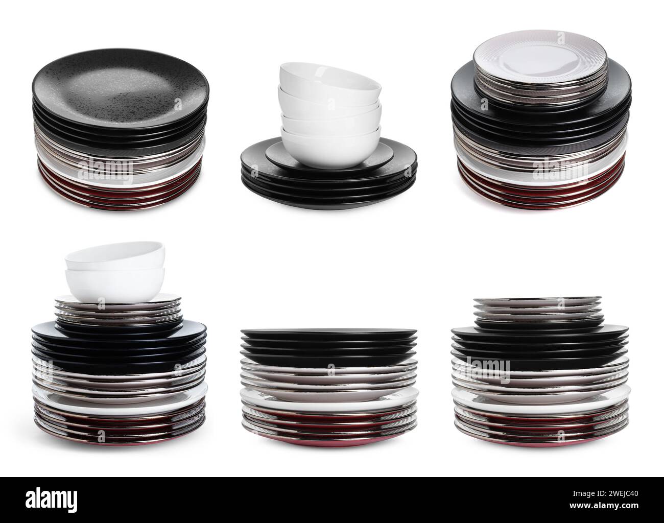 Stacks of ceramic plates and bowls isolated on white, set Stock Photo ...