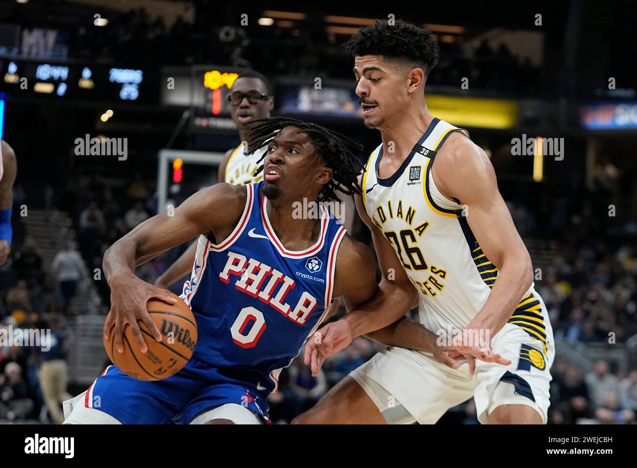 Philadelphia 76ers' Tyrese Maxey (0) is defended by Indiana Pacers' Ben ...