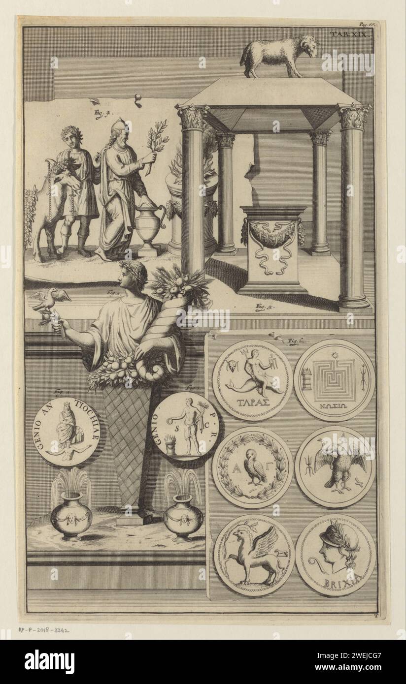 Composition with a drawing with sacrificial ritual, an altar, coins and ...