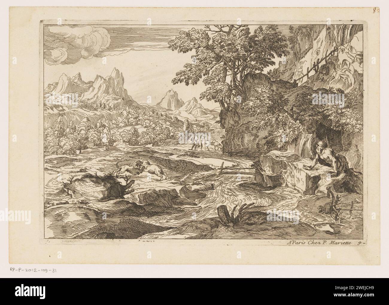 Landscape with the holy Hieronymus with two fighting lions, Moise Jean ...