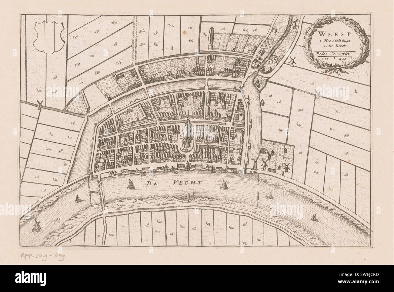 Map of Weesp, Anonymous, 1649 - 1652 print Map in a nutshell perspective. At the top left the ...
