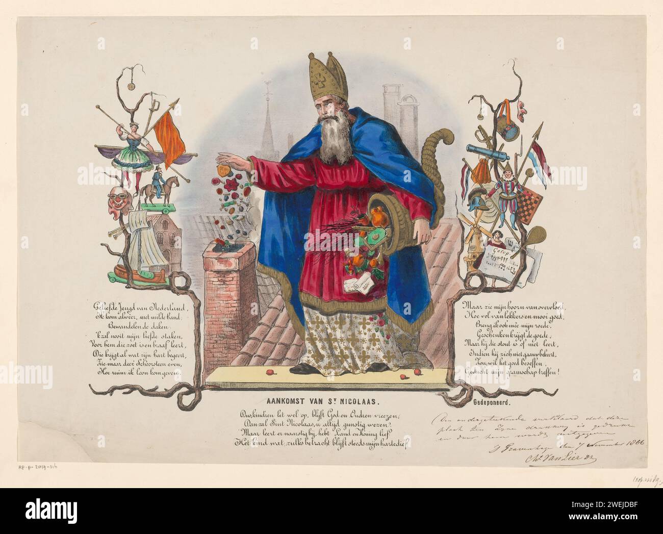 Sinterklaas throws candy in a chimney, Anonymous, 1866 print ...