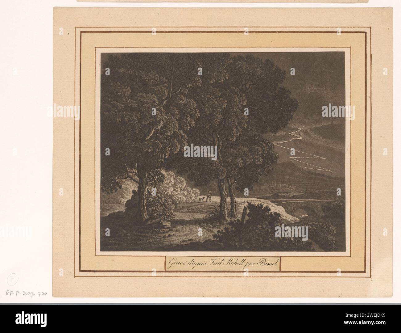 Evening landscape with a man with a dog, a lightning bolt in the ...