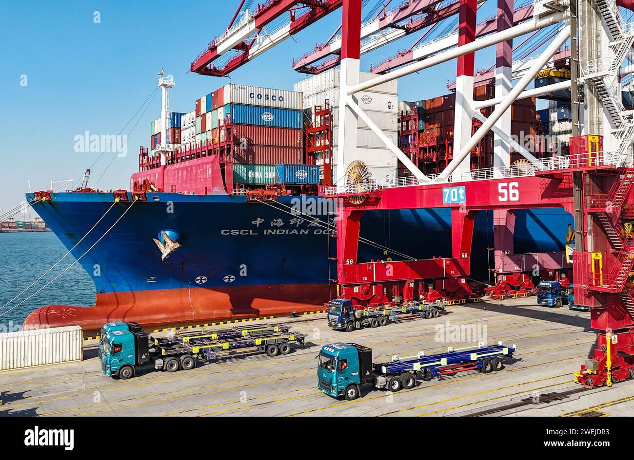 QINGDAO, CHINA - JANUARY 25, 2024 - A cargo ship loading and unloading ...