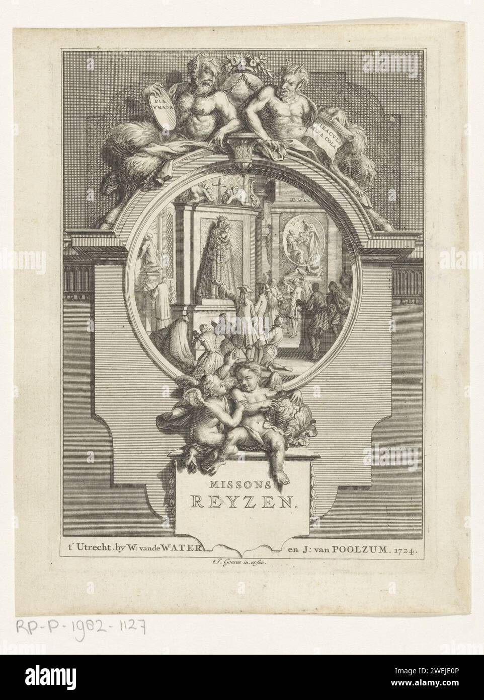 Figures kneeling for madonna statue, Jan Goeree, 1724 print A group of ...