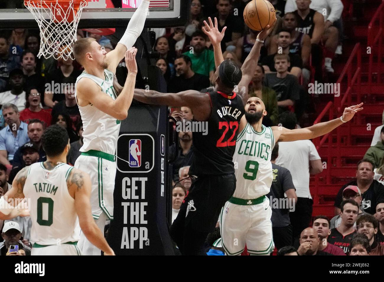 Boston Celtics guard Derrick White (9) and center Kristaps Porzingis (8 ...