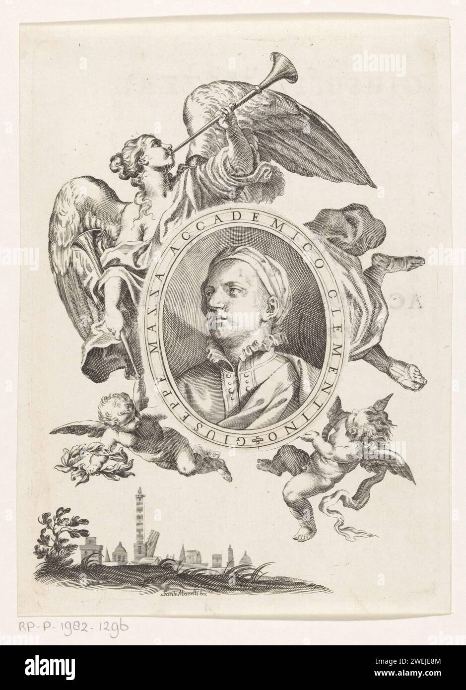Portret Van Giuseppe Mazza, 1739 print Fama with two trumpets and two ...
