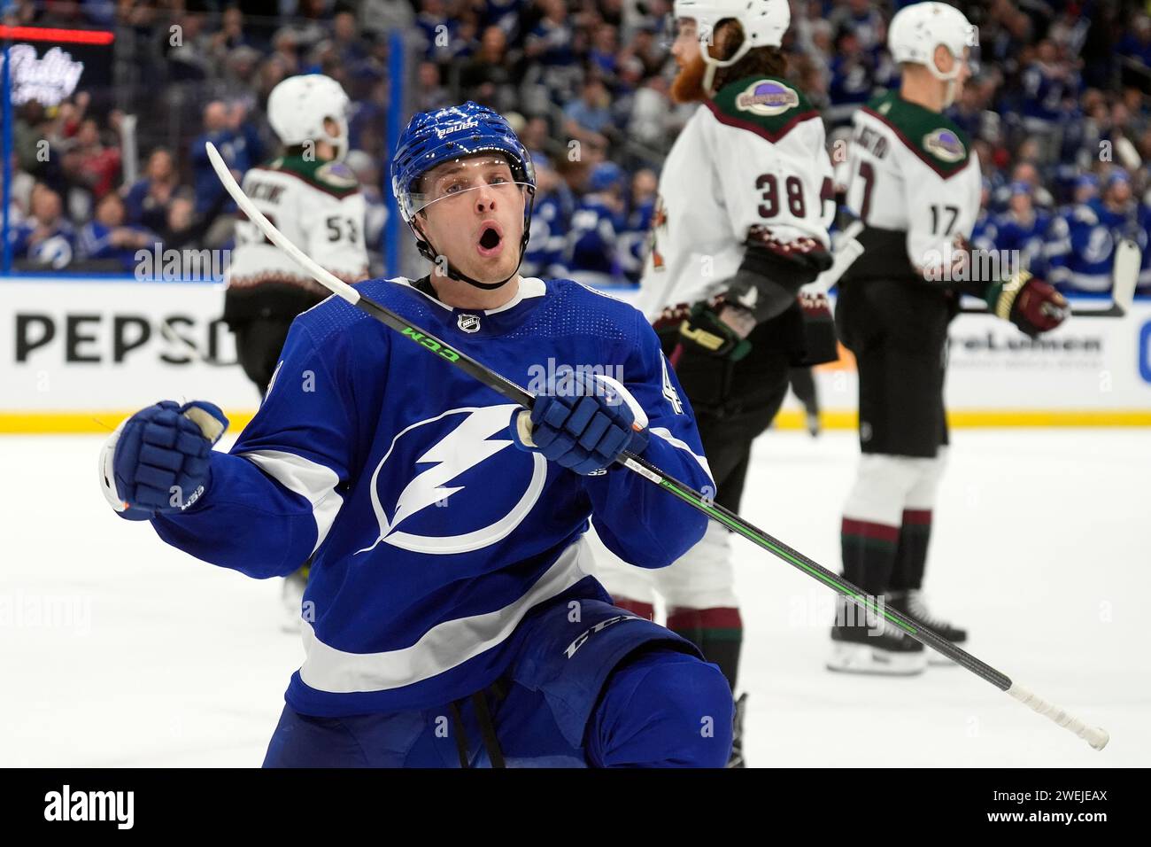 Tampa Bay Lightning right wing Mitchell Chaffee (41) celebrates his ...