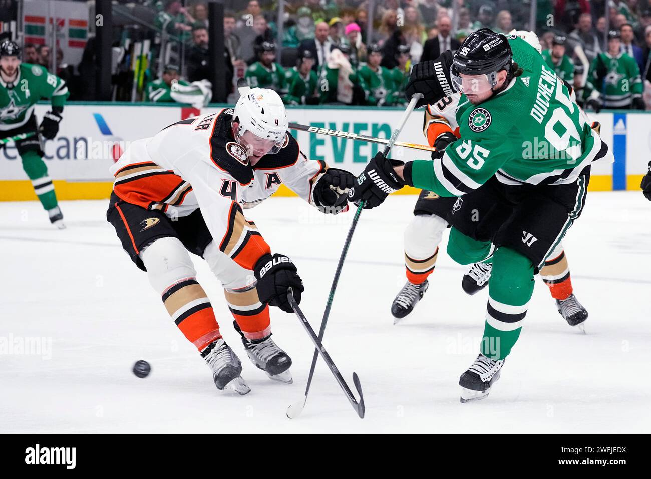 Anaheim Ducks defenseman Cam Fowler (4) deflects a shot by Dallas Stars ...