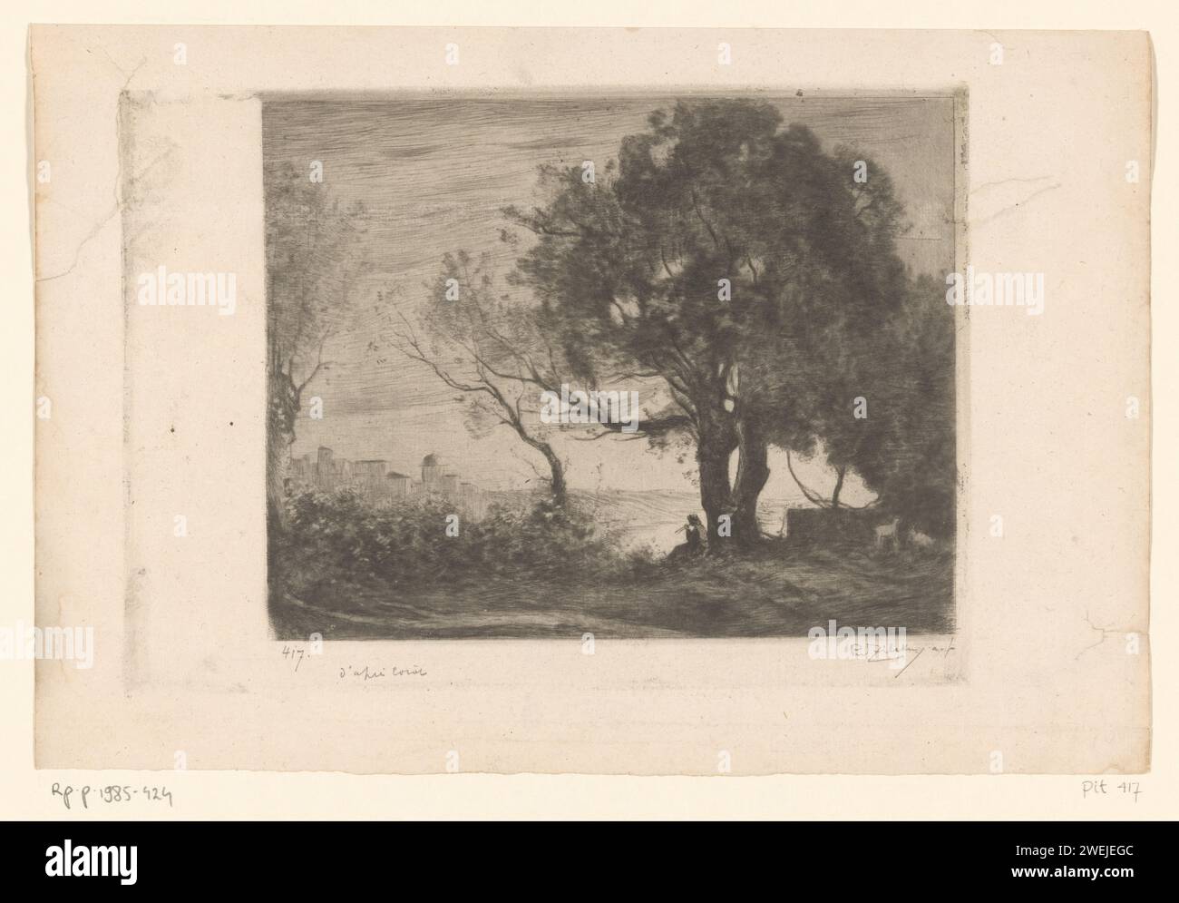 Landscape with flute player under a tree and silhouette of a city ...