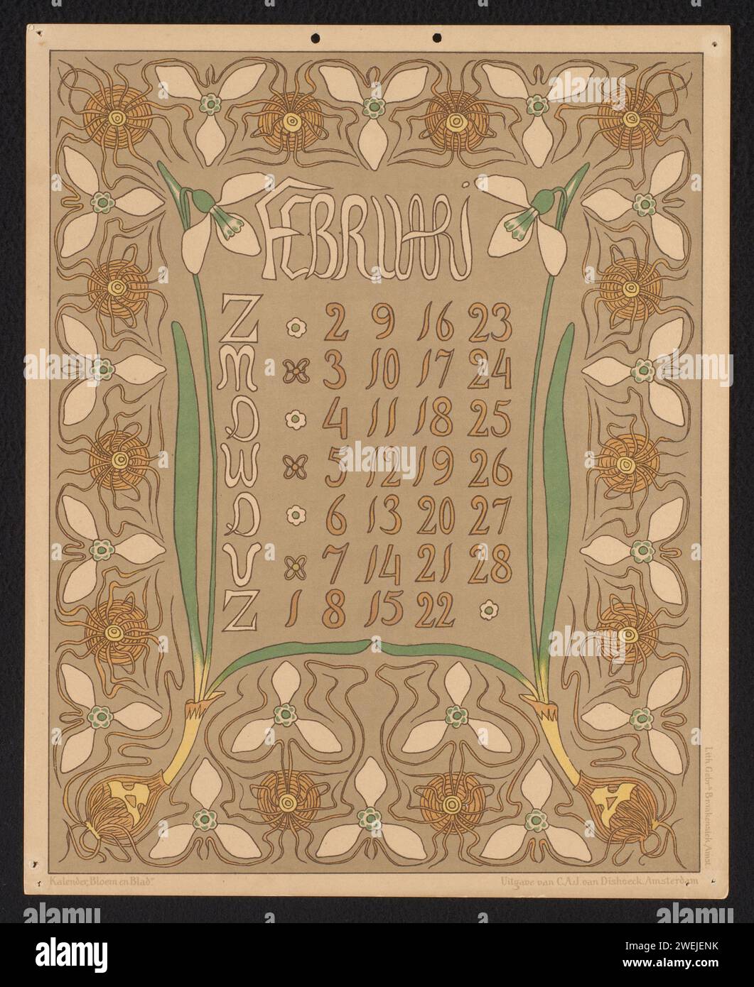 Calendar leaf for February 1902 with snowdrops, brothers Braakensiek ...