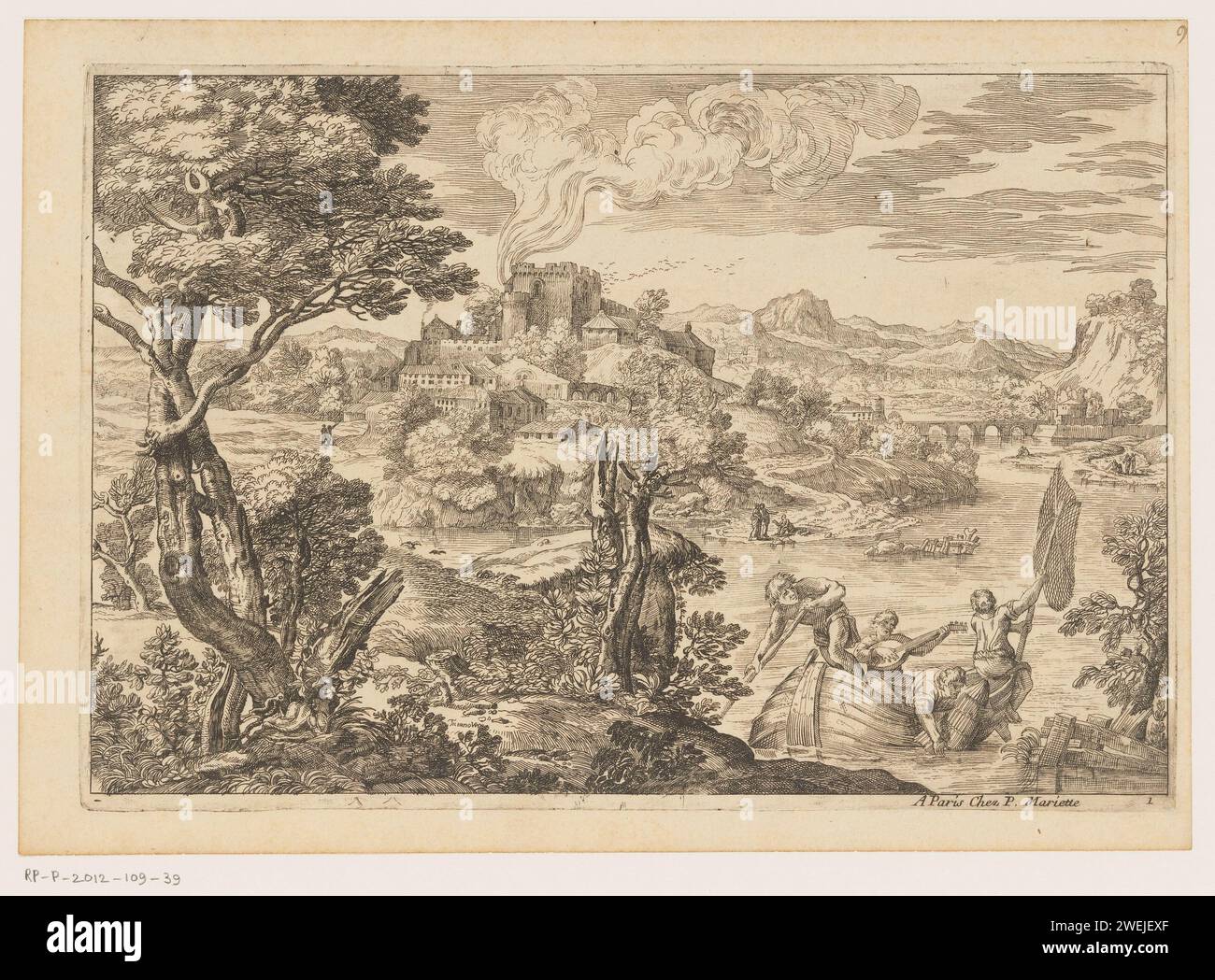 River landscape with fishing boat and musician, Moise Jean Baptiste ...