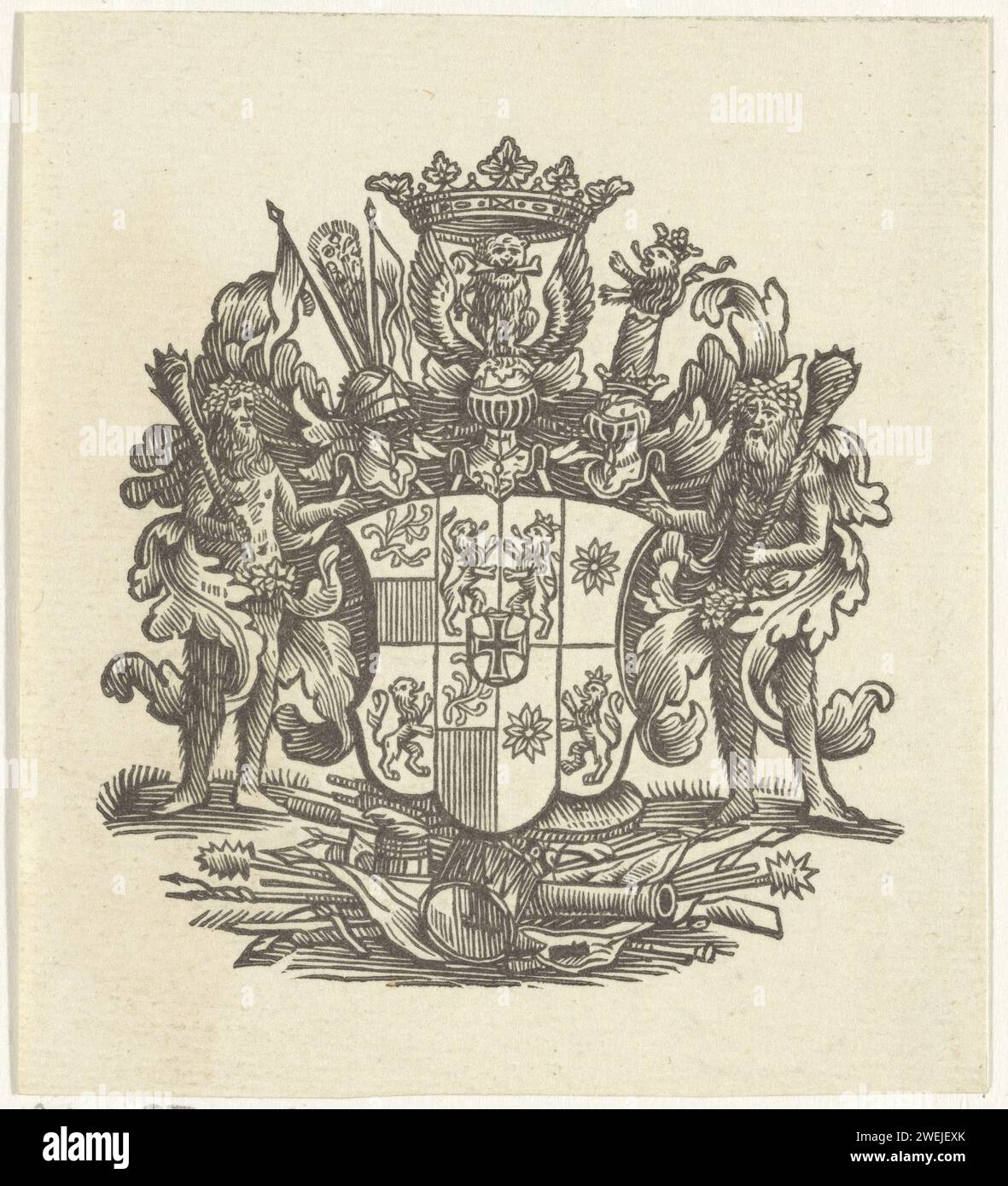 Vignette with a coat of arms, a crown, weaponry and two wild men with ...