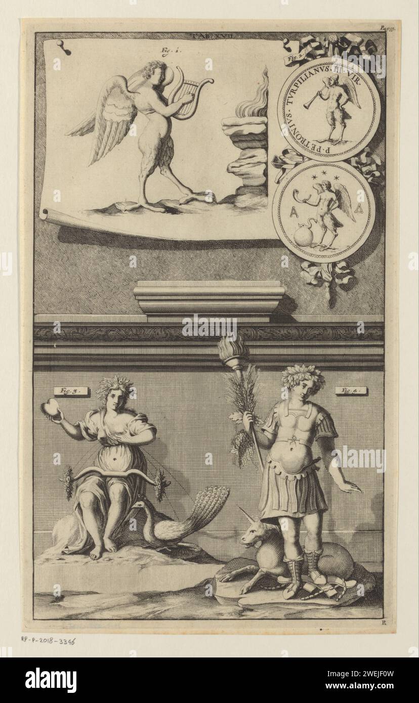 Composition with a drawing and coins with harpes and two figures ...