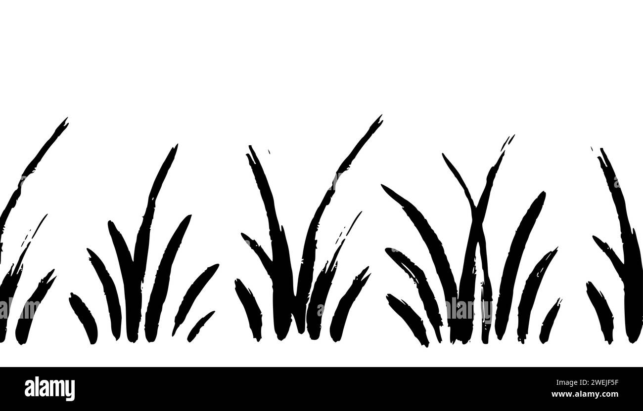 Grass doodle ink brush sketch seamless field border. Hand drawn vector ...