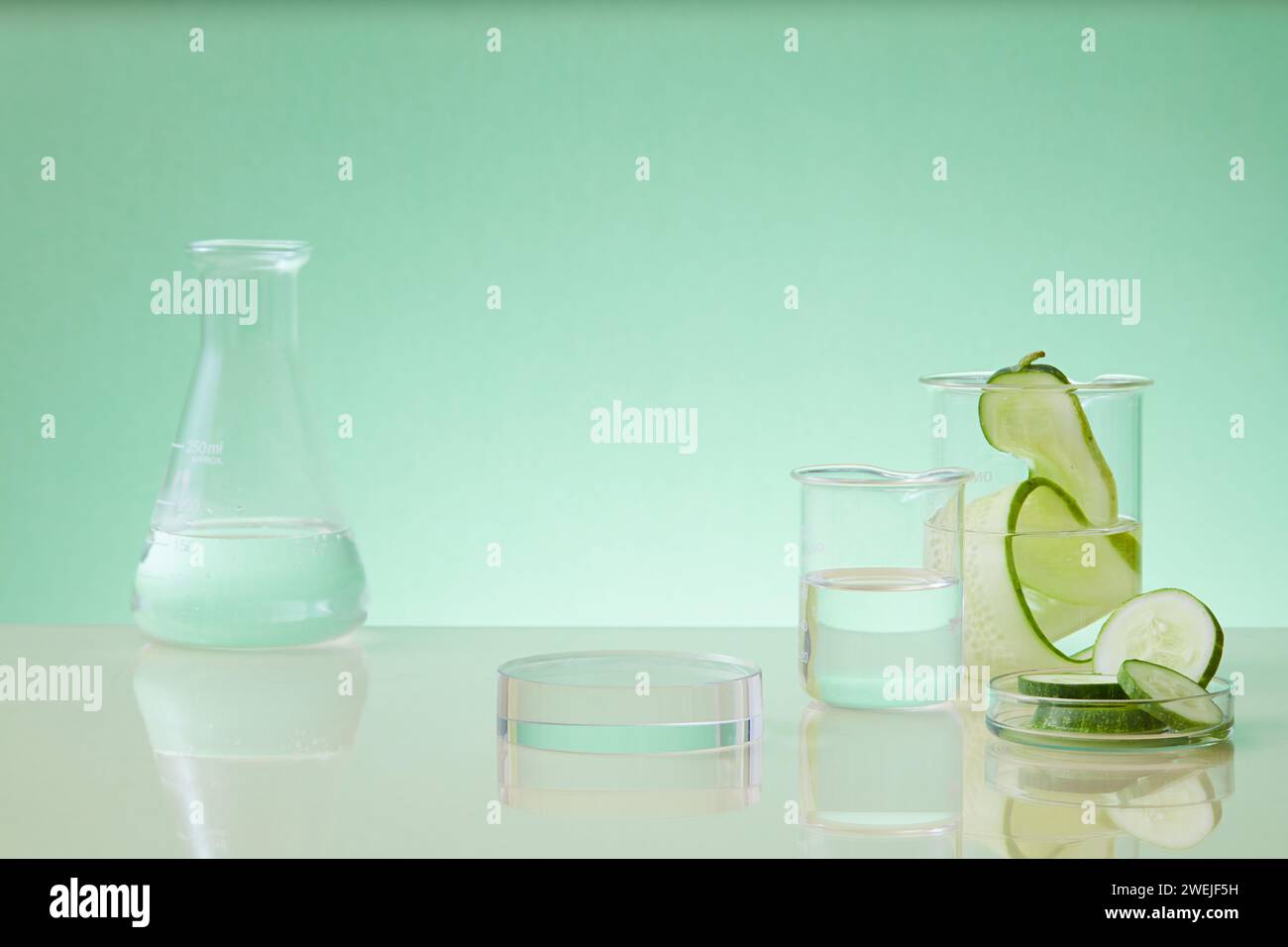 Showcase cosmetics on pedestal modern in laboratory equipment and fresh ...