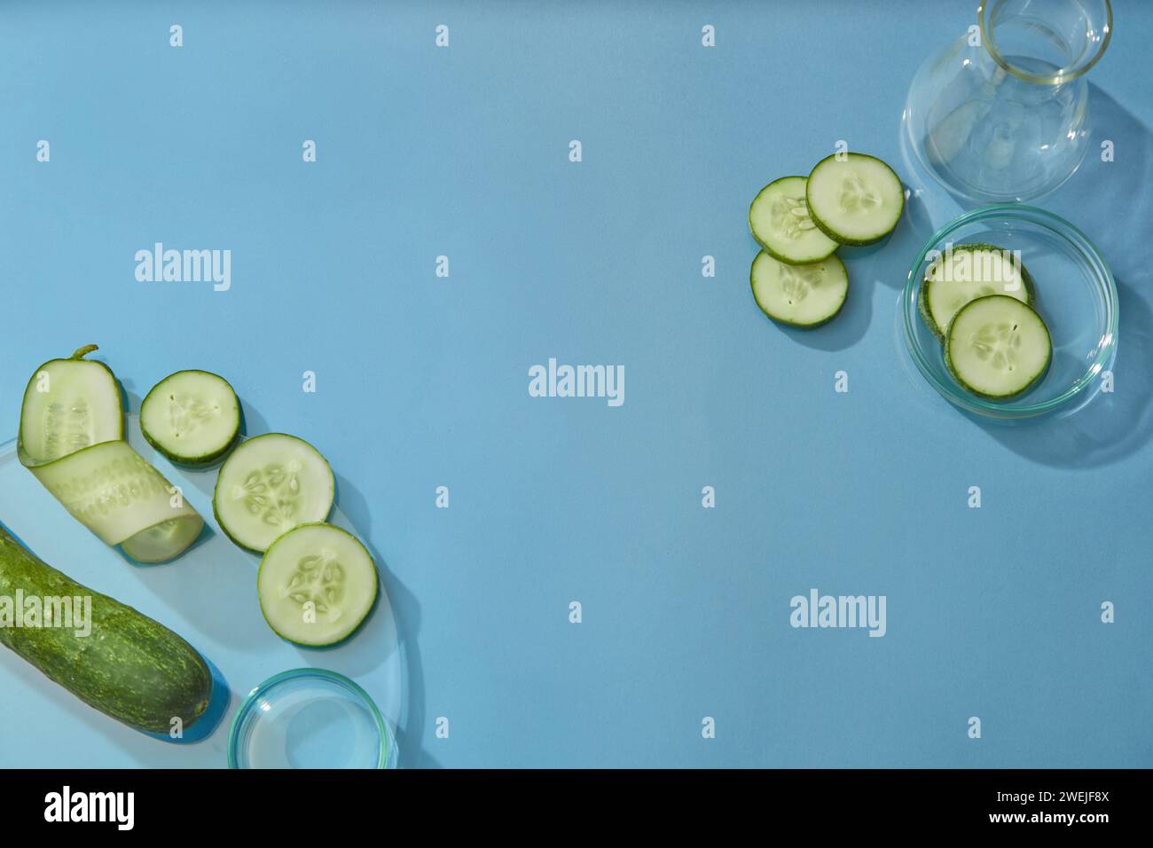 Top view of cucumber slices decorated with lab glassware on blue ...