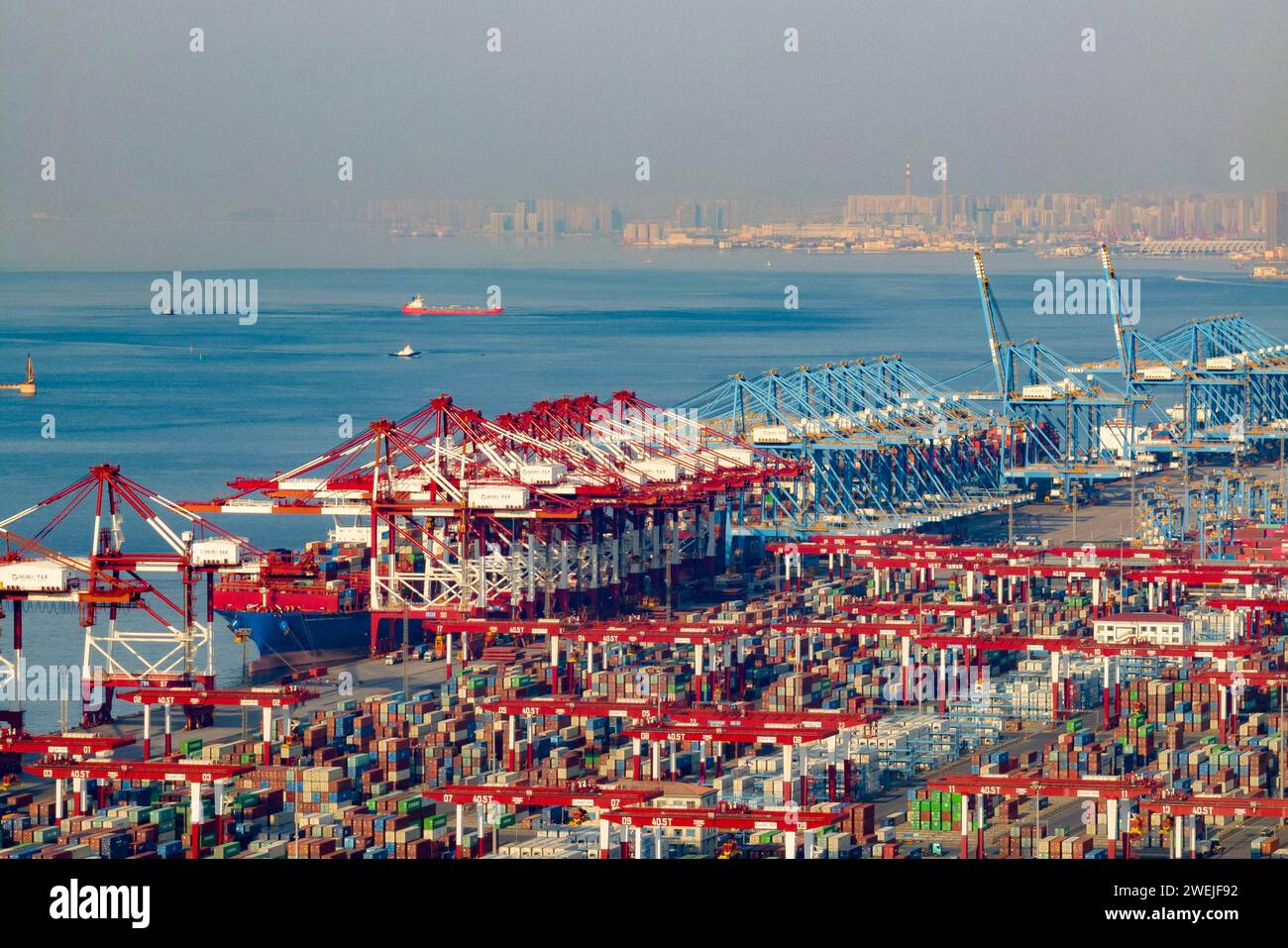 Qingdao China January 25 2024 Container Ships Enter And Exit The