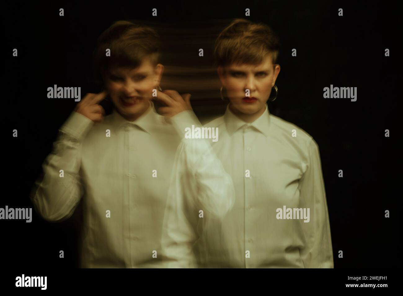 psychopath with mental disorders and insanity on a dark background. A ...