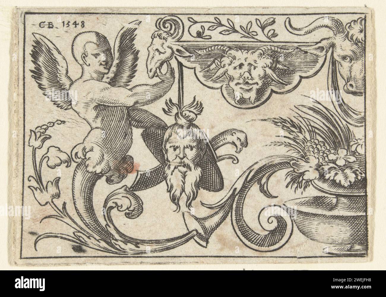 Flat decoration with winged man, 1548 print The upper body of a winged ...