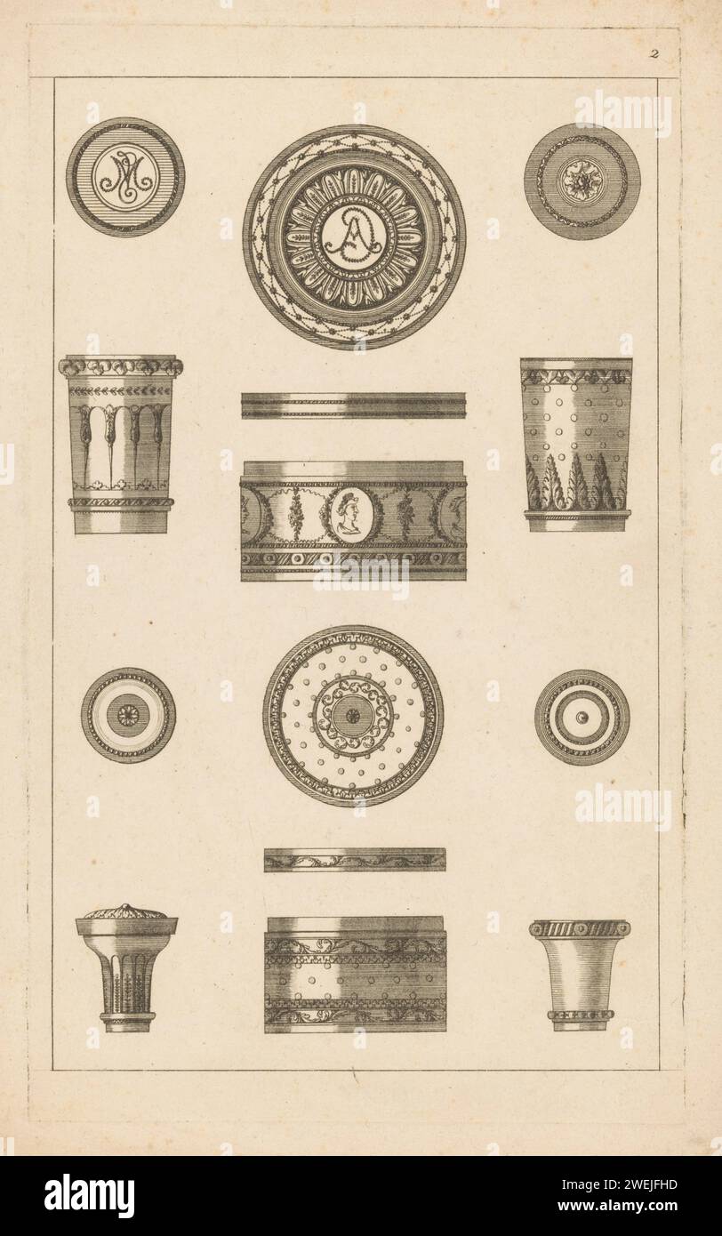 Jewelry boxes, buttons and stamps, 1784 - 1796 print Designs for four ...