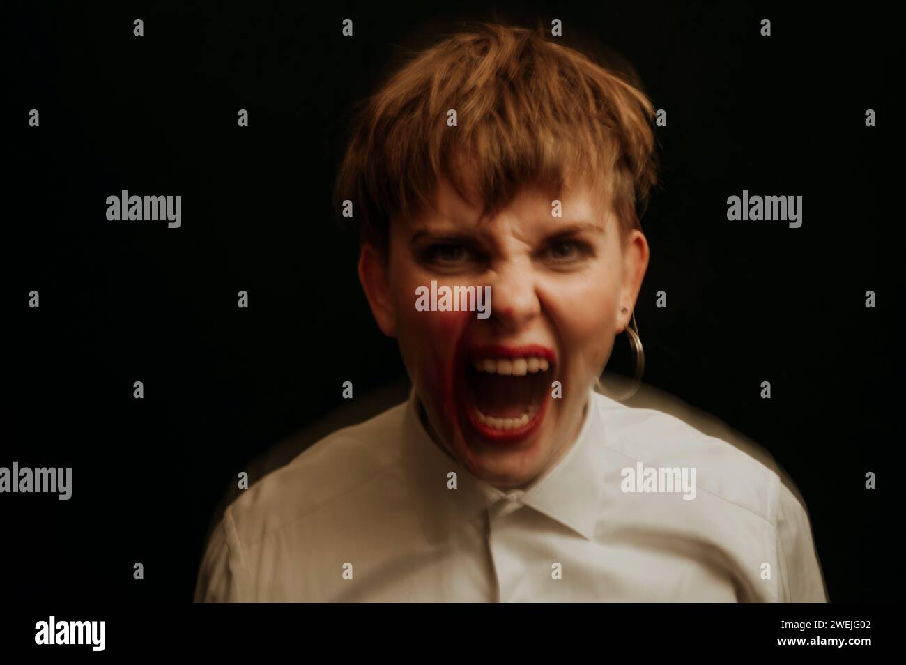 woman is a psychopath with schizophrenia and mental disorders. Portrait ...