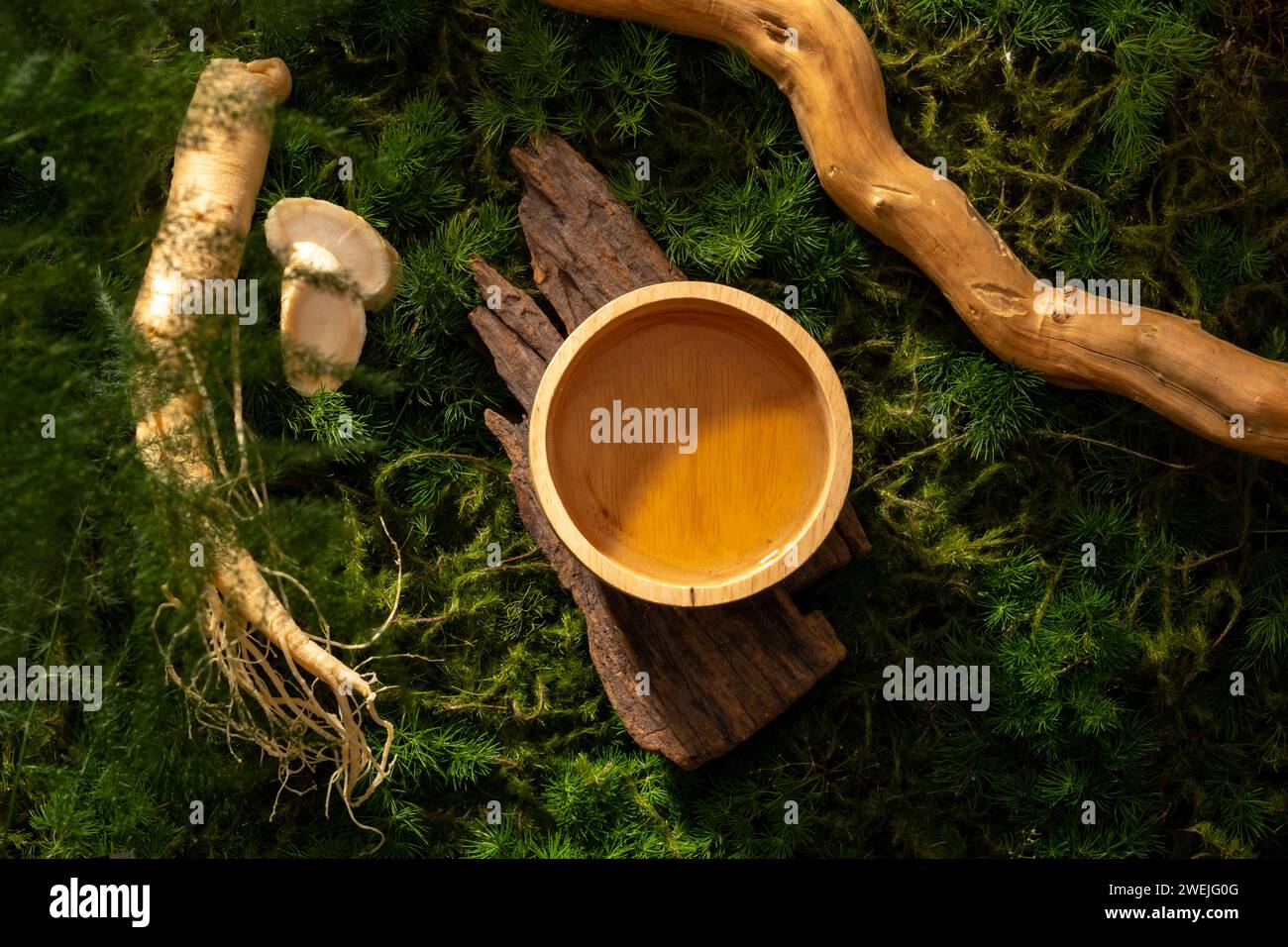 A wooden bowl filled tonic water, ginseng root and dry twig on green ...