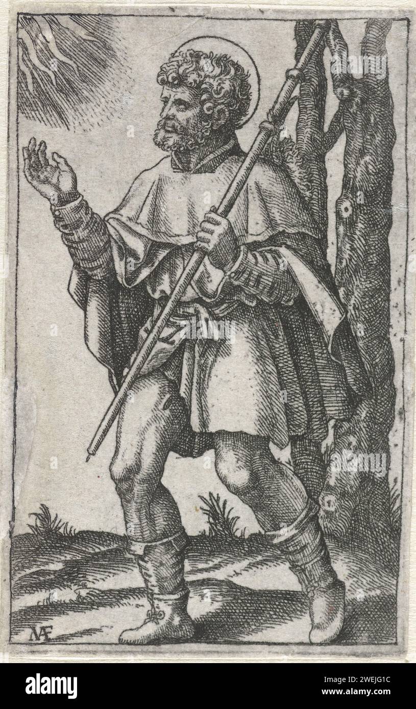 Holy Rochus as a pilgrim with pilgrim staff and bump on leg ...