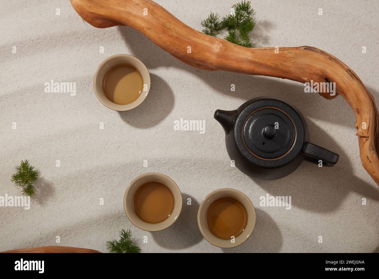 Top view of black teapot and tea set decorated with dried twig and ...