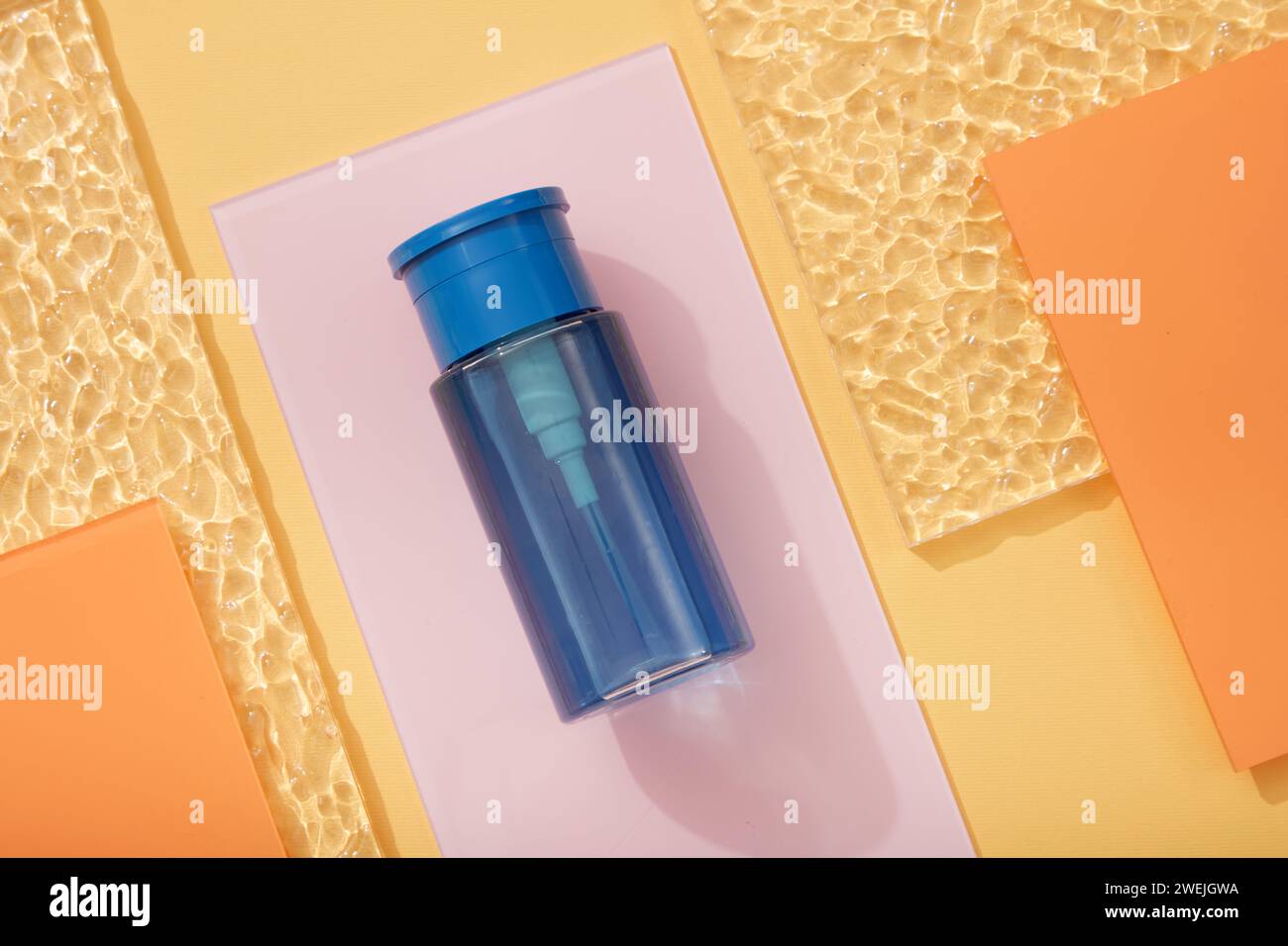 Top view of an empty bottle mockup makeup remover decorated with ...