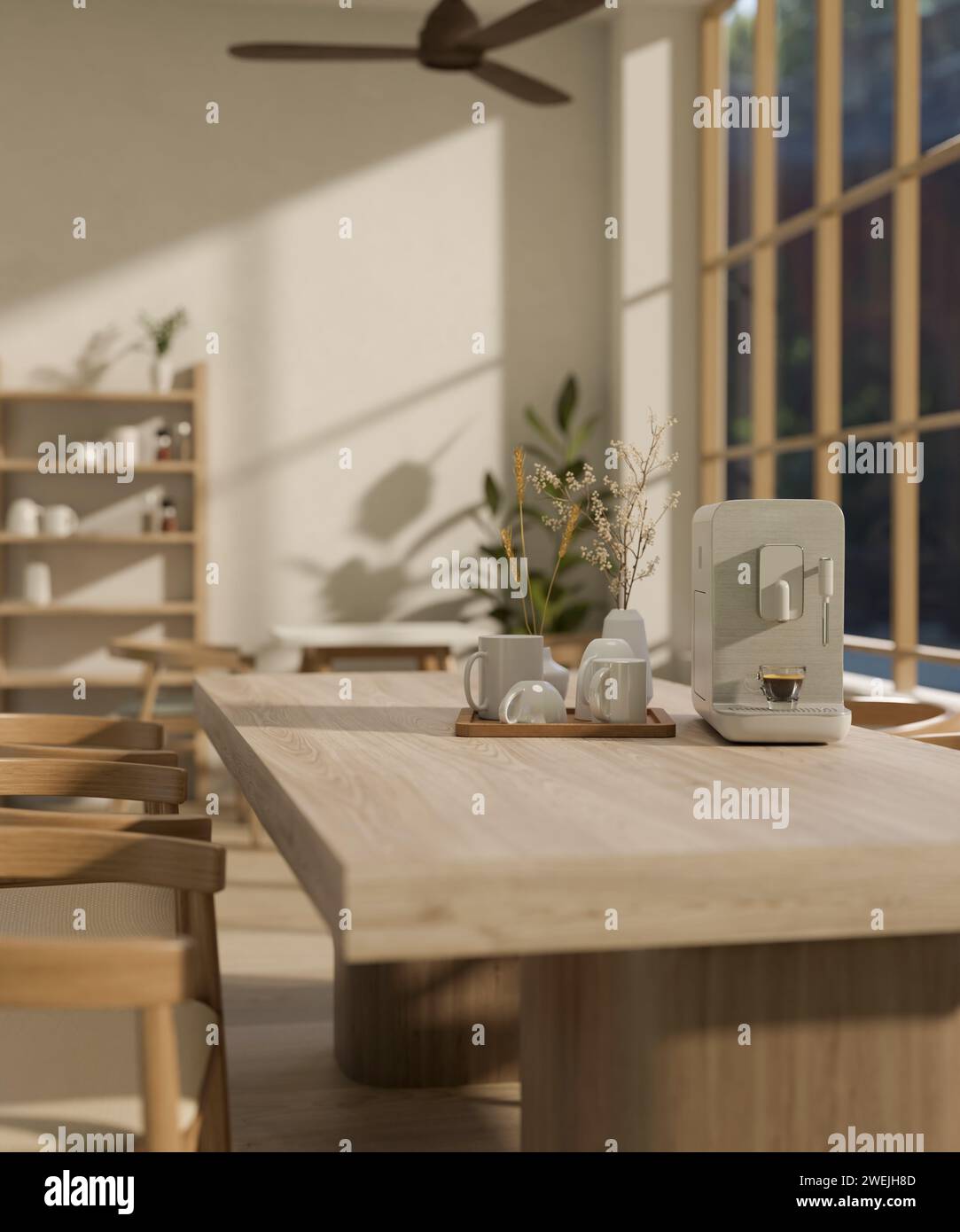 A modern espresso machine and a coffee mug tray on a minimal hardwood ...