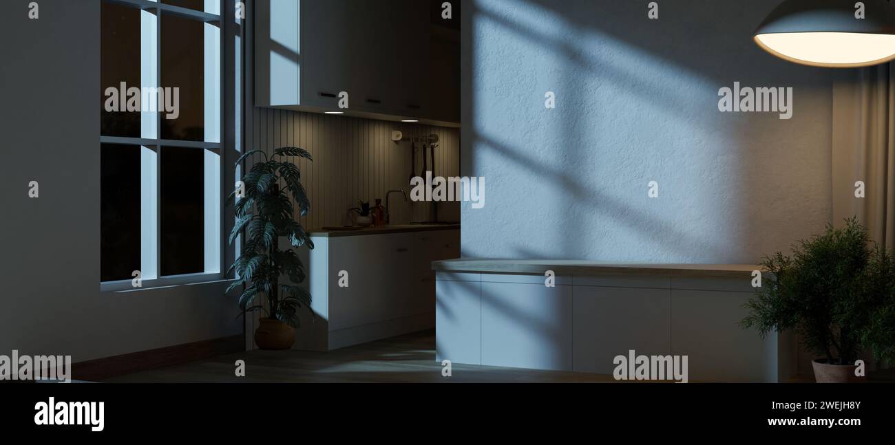 A home indoors corridors through a modern, spacious kitchen at night ...